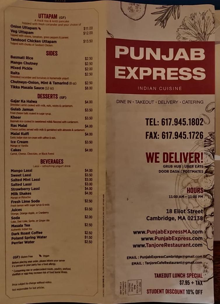 Menu at Punjab Express restaurant, Cambridge