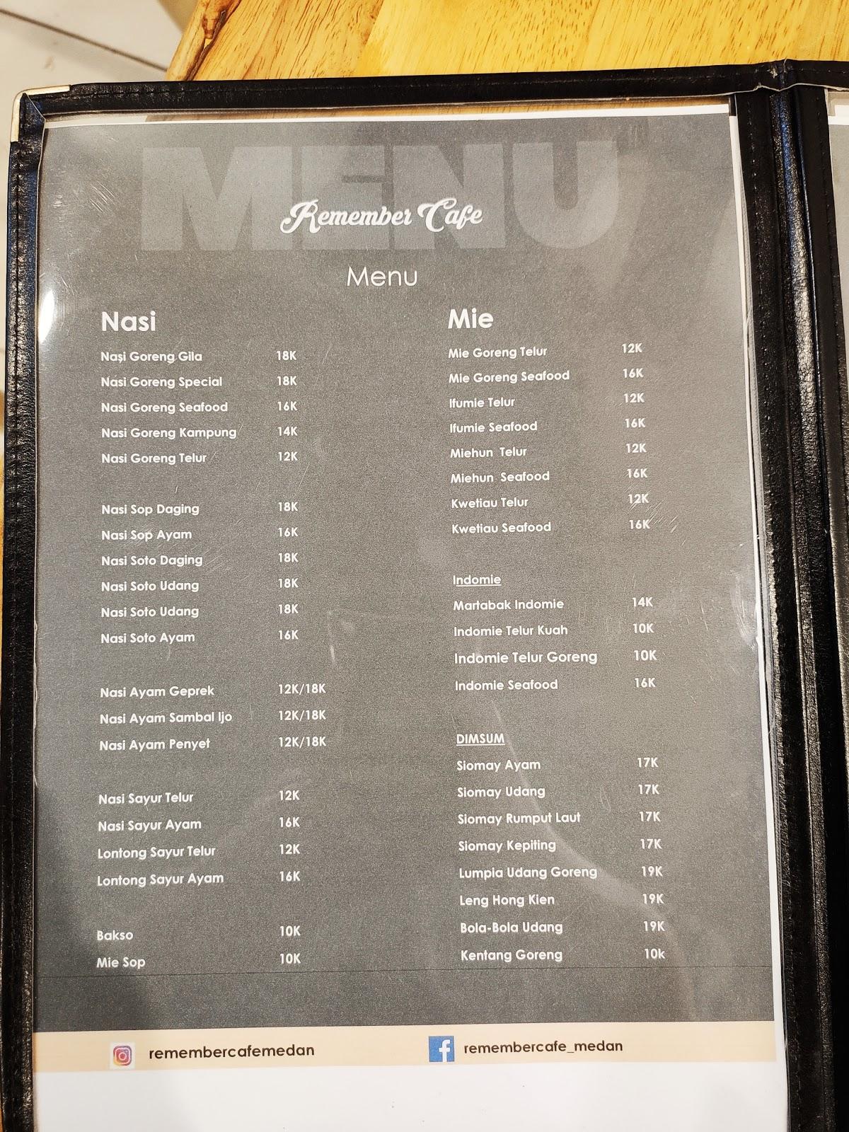 Menu at RememberCafe, Medan