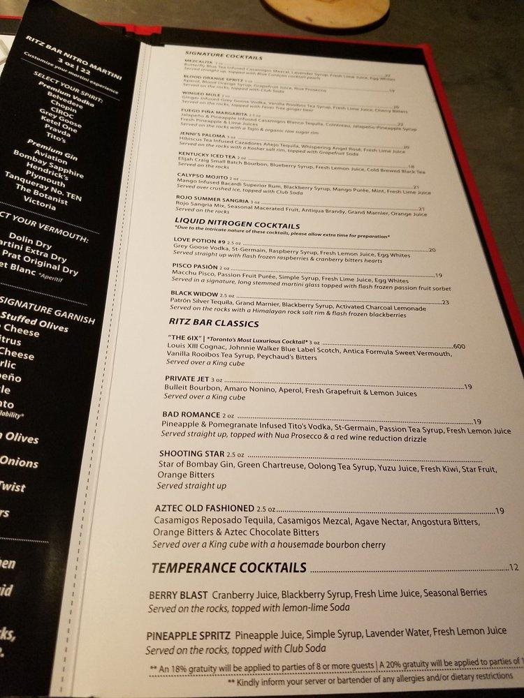 Menu at Ritz Bar, Toronto, 181 Wellington St W