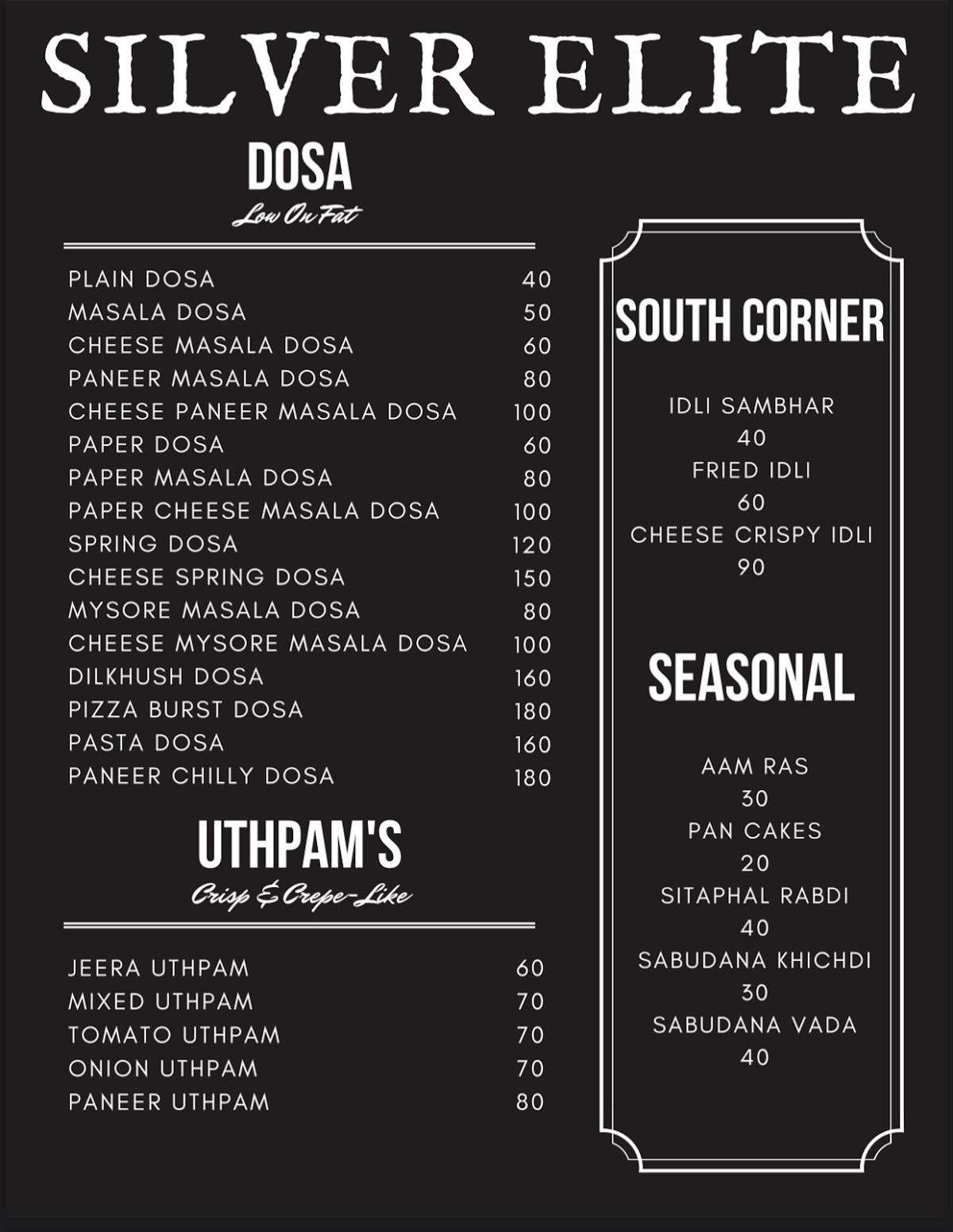 Menu at Silver Elite, Bari Sadri