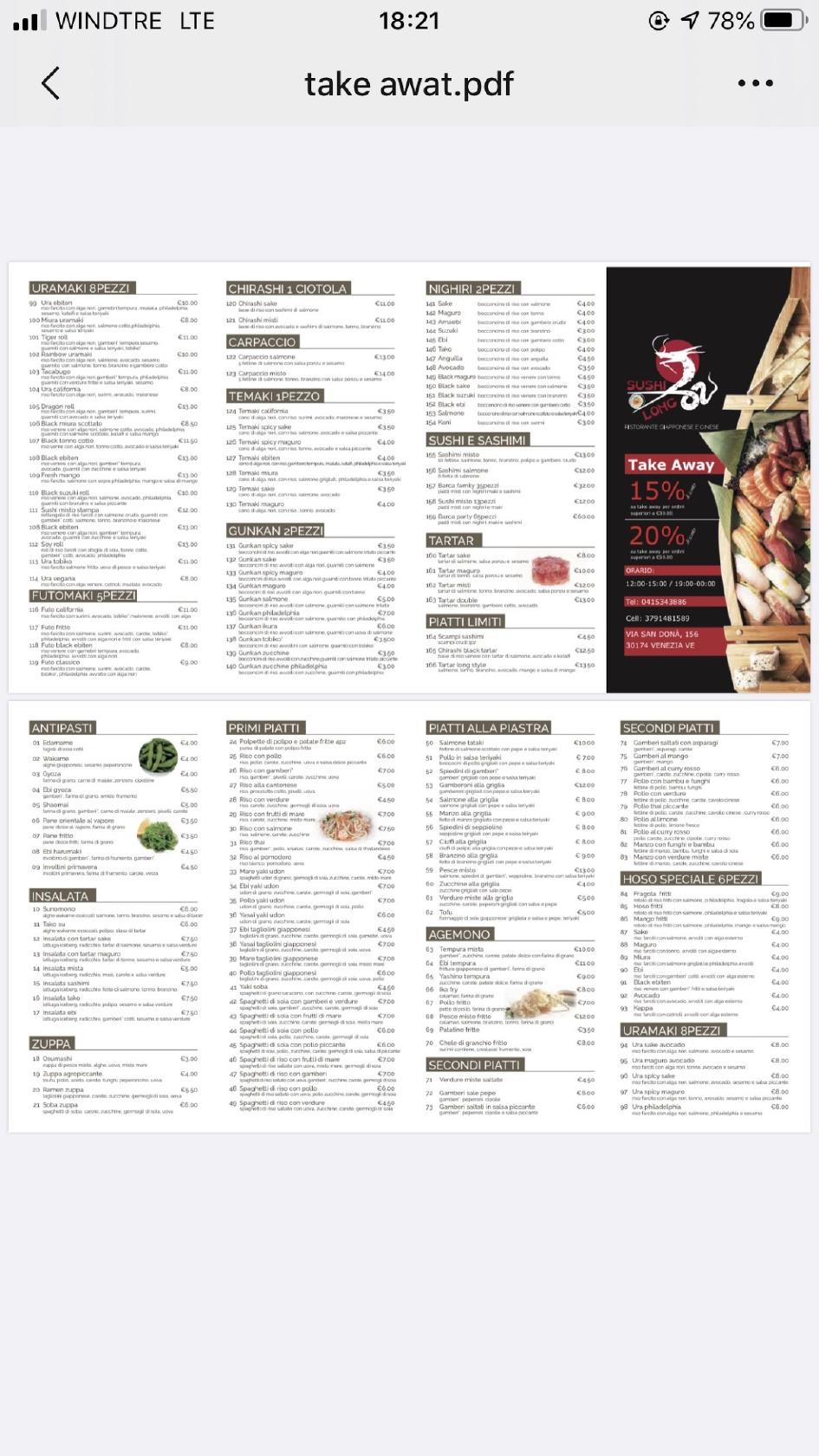 Menu da Sushi long 龍 Mestre ristorante, Venezia