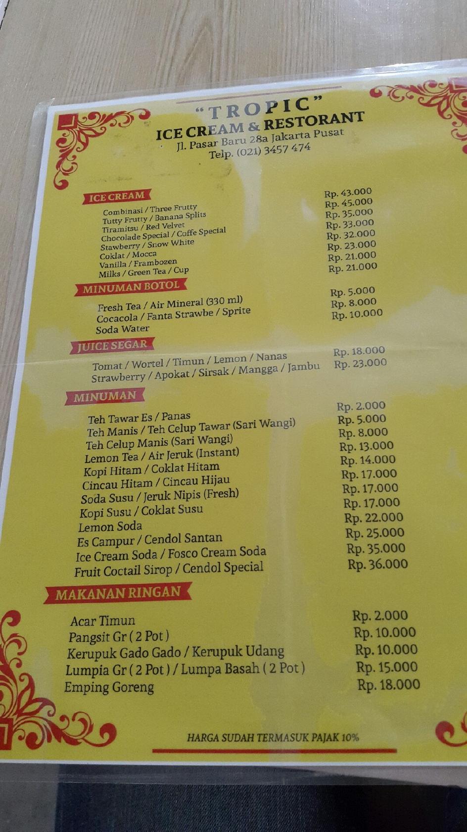 Menu at Tropic Palace Ice Cream restaurant, Jakarta