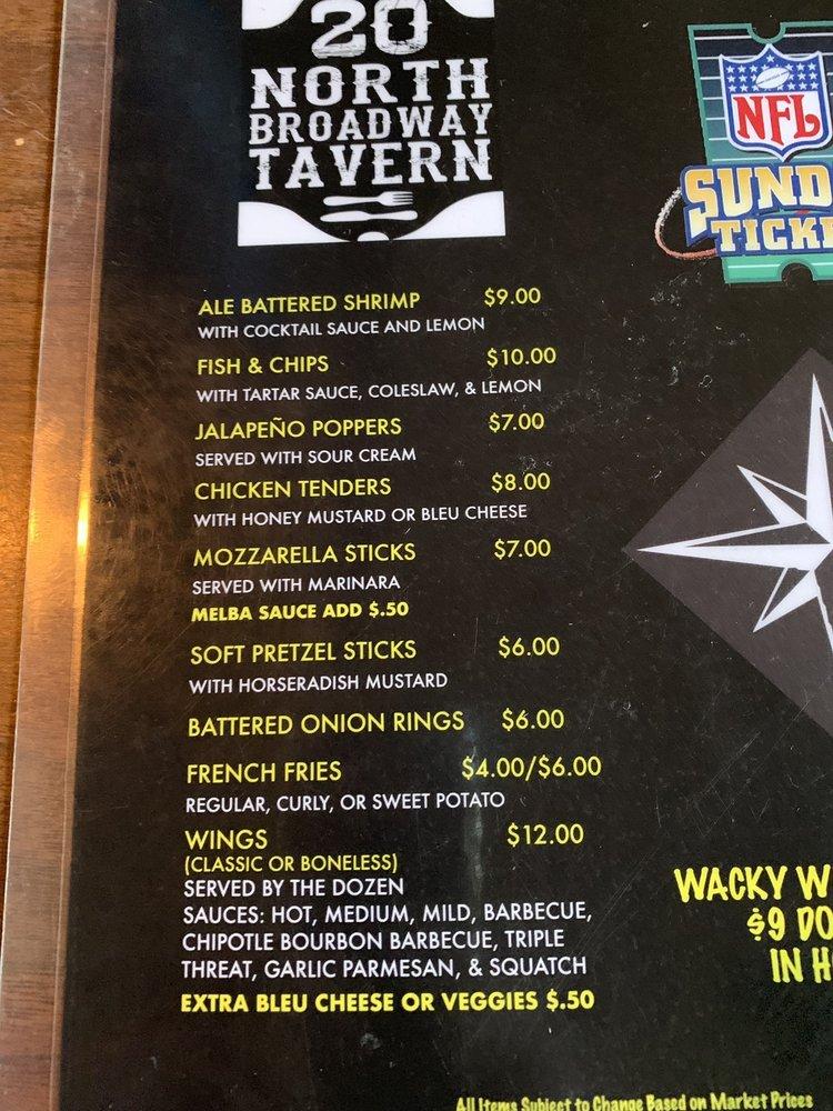 Menu at 20 North Broadway Tavern pub & bar, Schenectady