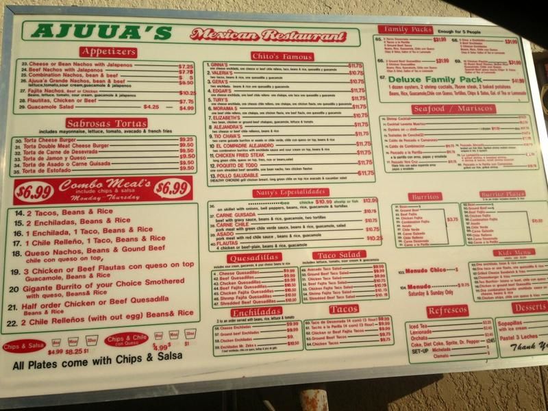 Menu at Ajuua's Mexican Restaurant, Midland