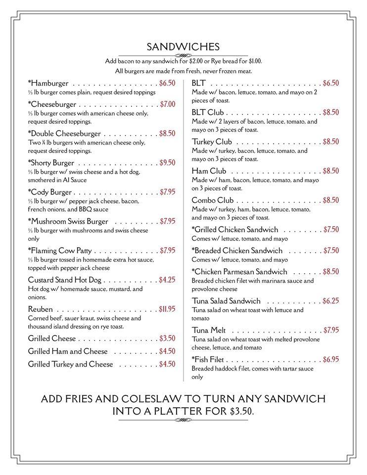 Menu at Earlystown Diner restaurant, Centre Hall