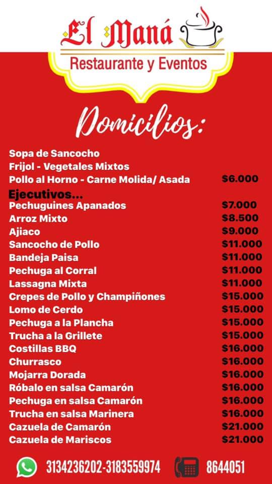 Carta de El Maná Restaurante y Eventos, Neiva