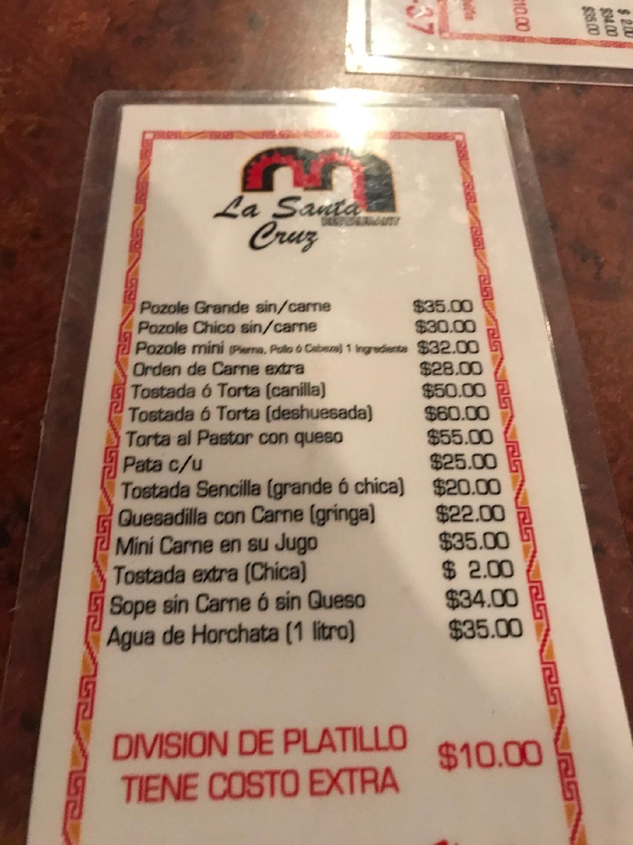 Carta del restaurante La Santa Cruz, Guadalajara, Avenida Manuel Acuña 2406