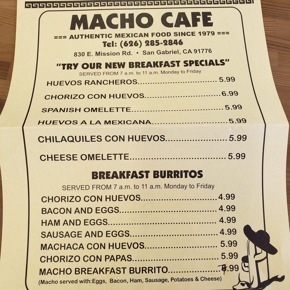 Menu at Macho Cafe Mexican Food, San Gabriel