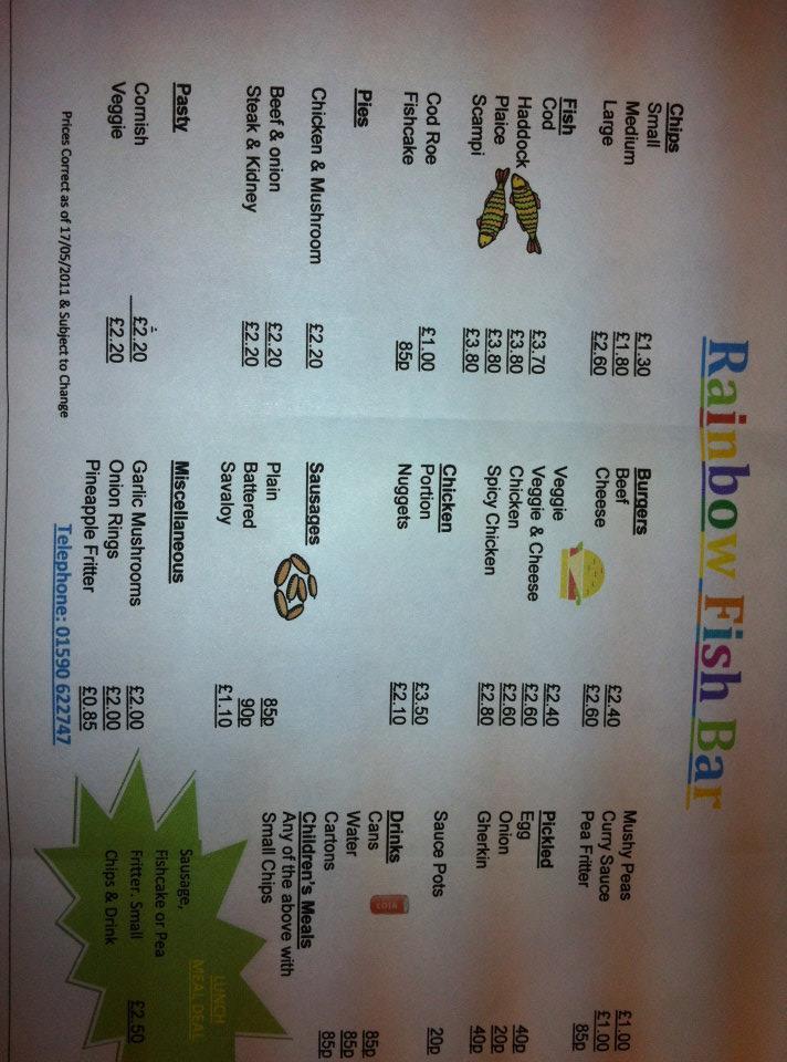 Menu at Rainbow Fish Bar, Brockenhurst