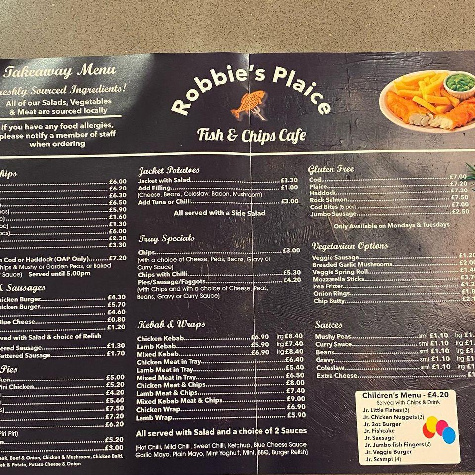 Menu at Robbie's Plaice cafe, Bath