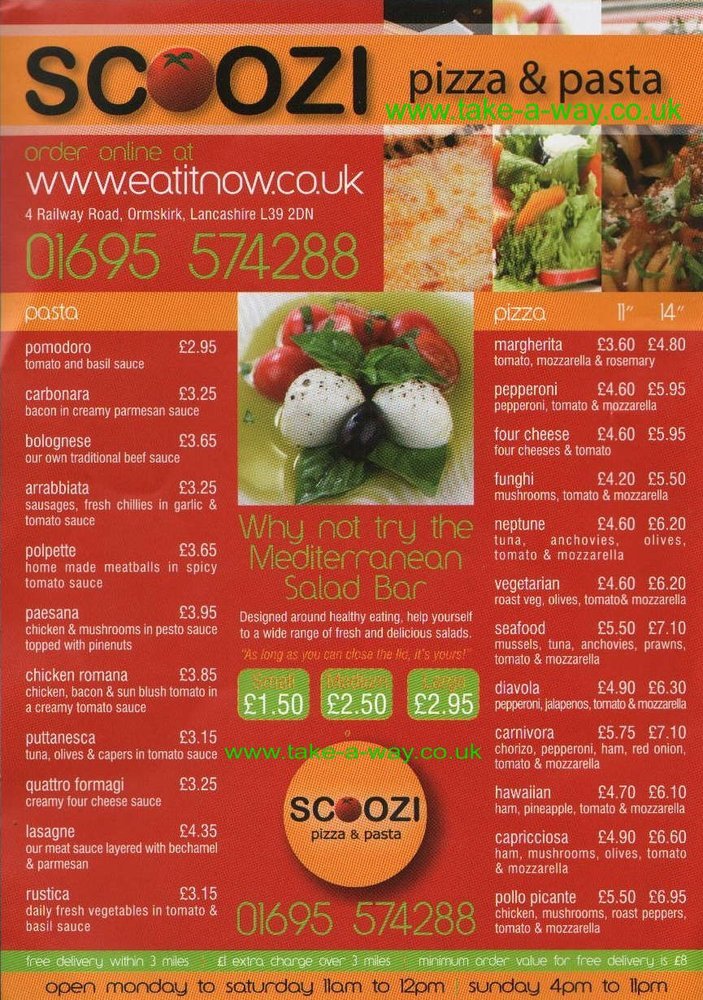 Menu at Scoozi Pizza & Pasta Ormskirk fast food, Ormskirk, 4 Railway Rd