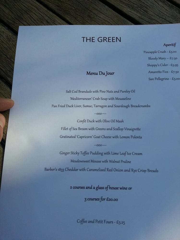 Menu at The Green restaurant, Sherborne