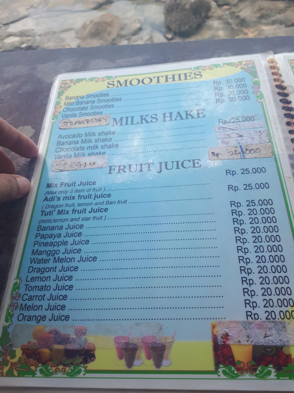 Menu at Warung Tuti Cafe, Jimbaran