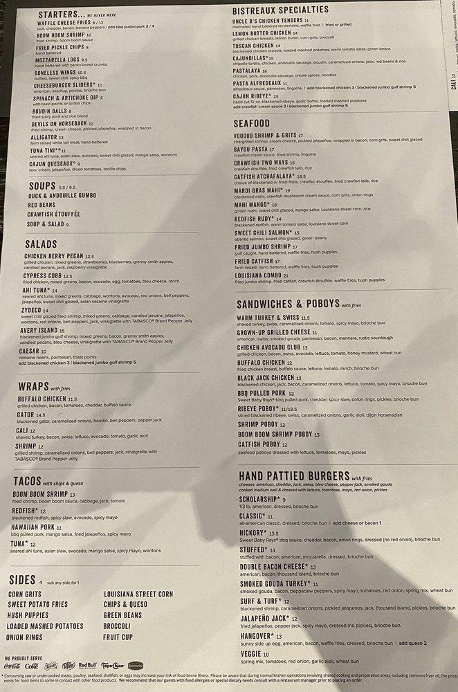 Menu at Walk-On's Sports Bistreaux - Myrtle Beach Restaurant, Myrtle Beach