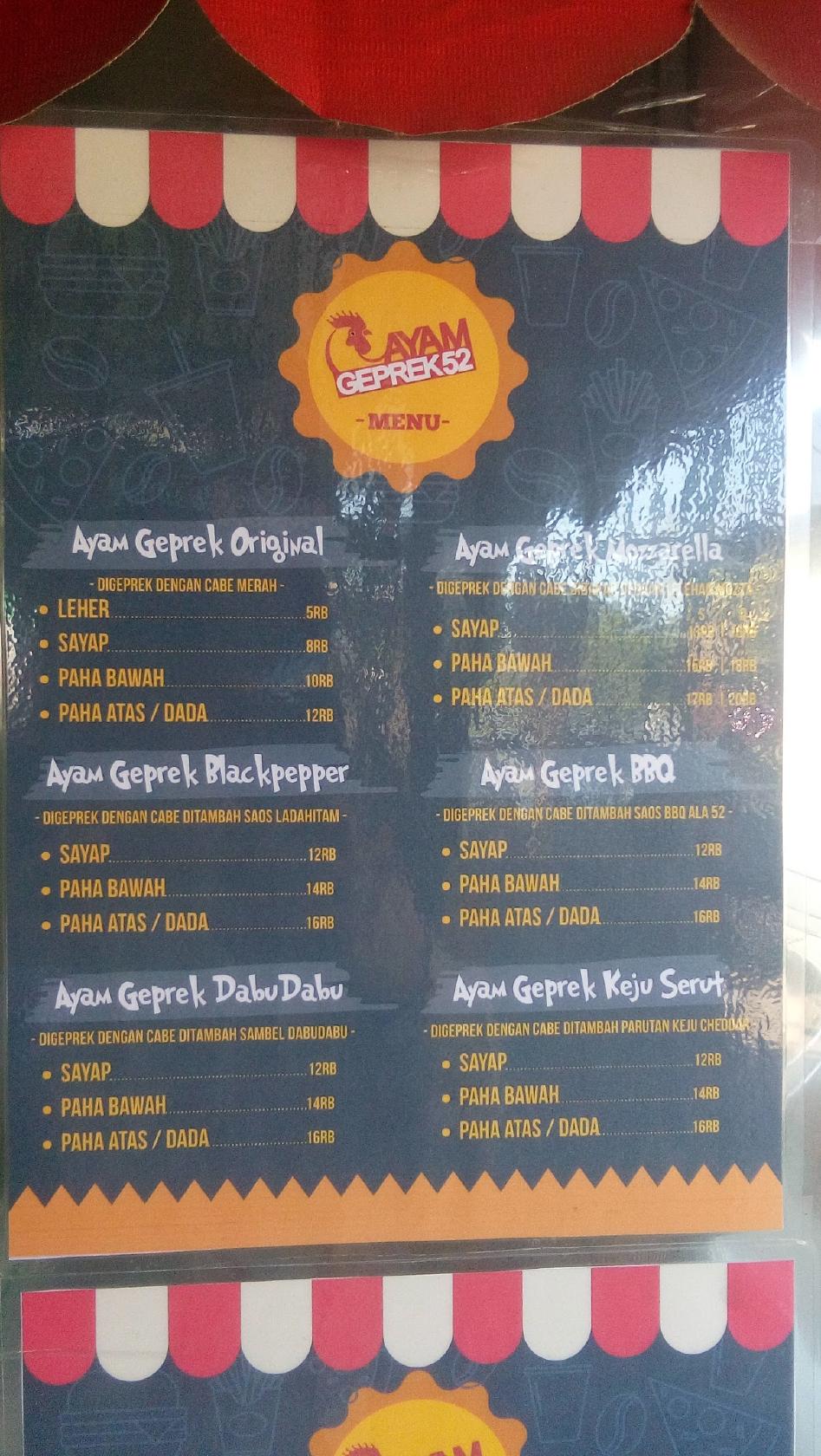 Menu at Ayam Geprek 52 restaurant, Kalegowa