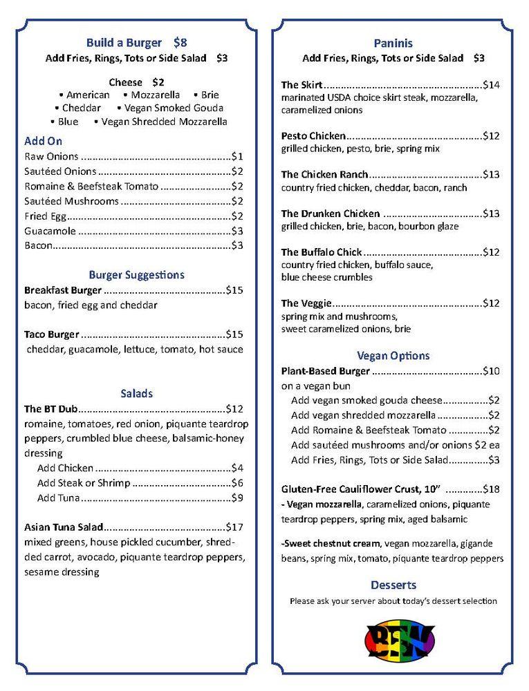 Menu at Btw pub & bar, Oceanside