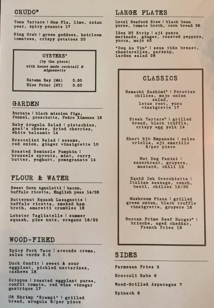 Menu at Buccan restaurant, Palm Beach
