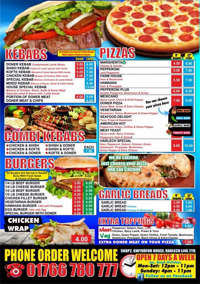 Menu at Castle kebab & pizza house harlech pizzeria, Harlech