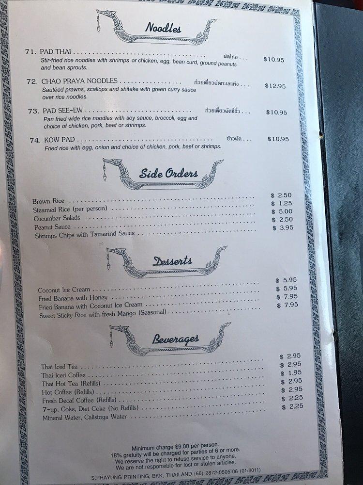 Menu at Chao Praya restaurant, Novato