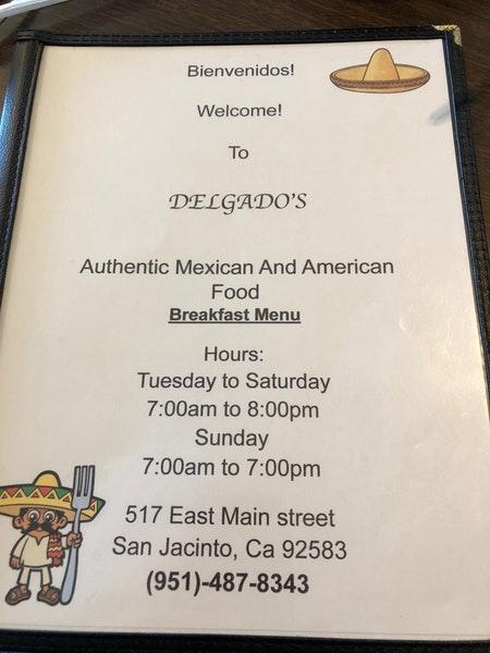 Menu at Delgado's Restaurant, San Jacinto