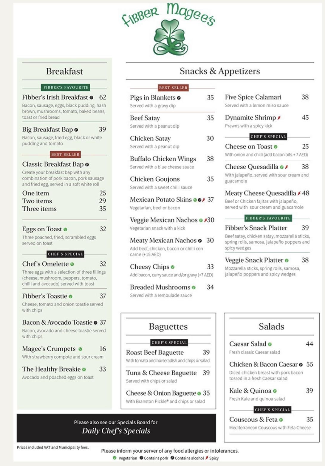 Menu at Fibber Magee’s pub & bar, Dubai, Saeed Tower 1 - Sheikh Zayed Rd