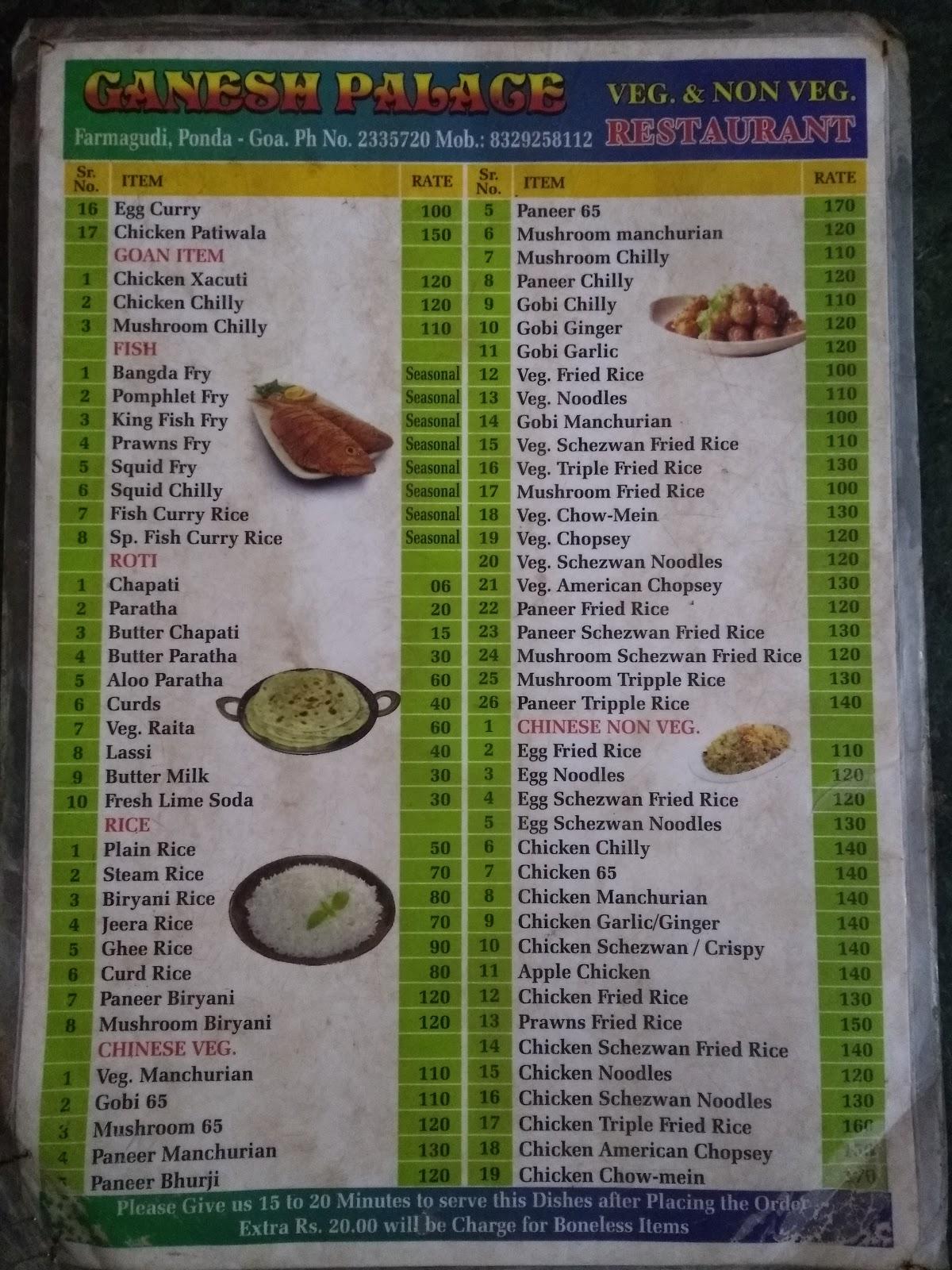 Menu at Ganesh Palace, Bandoda