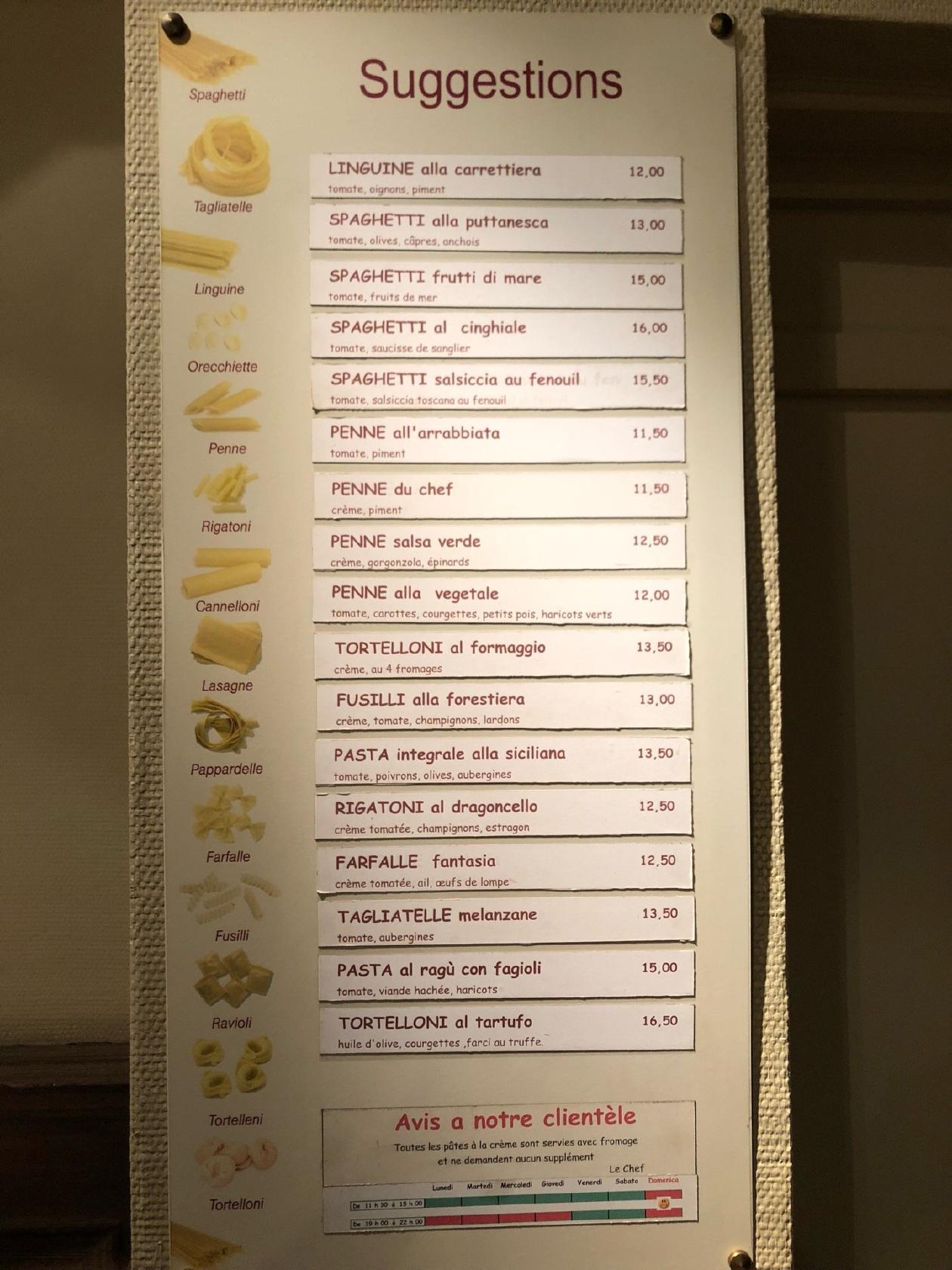 Menu at L'Intermezzo, Brussels