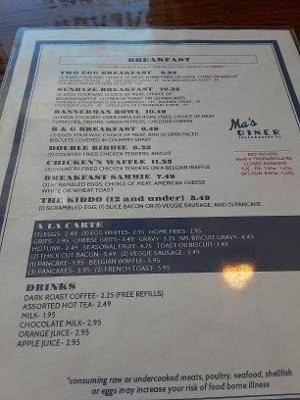 Menu at Ma's Diner restaurant, Tallahassee