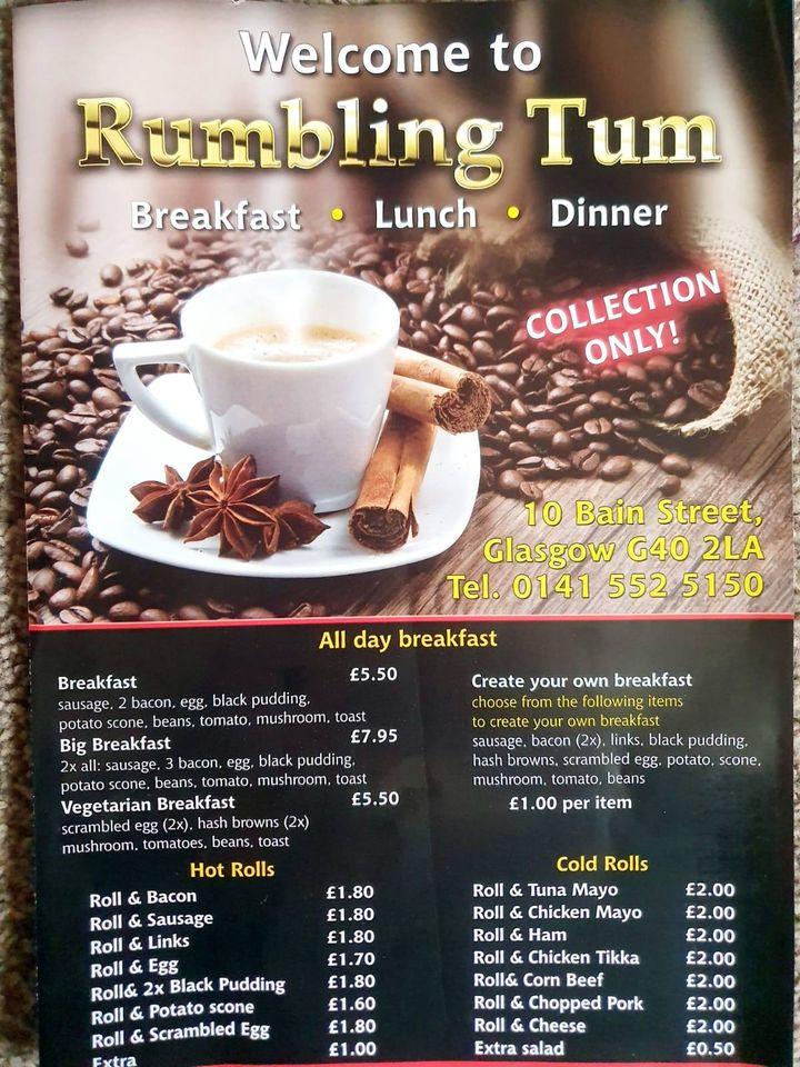 Menu at Rumbling Tum cafe, Glasgow