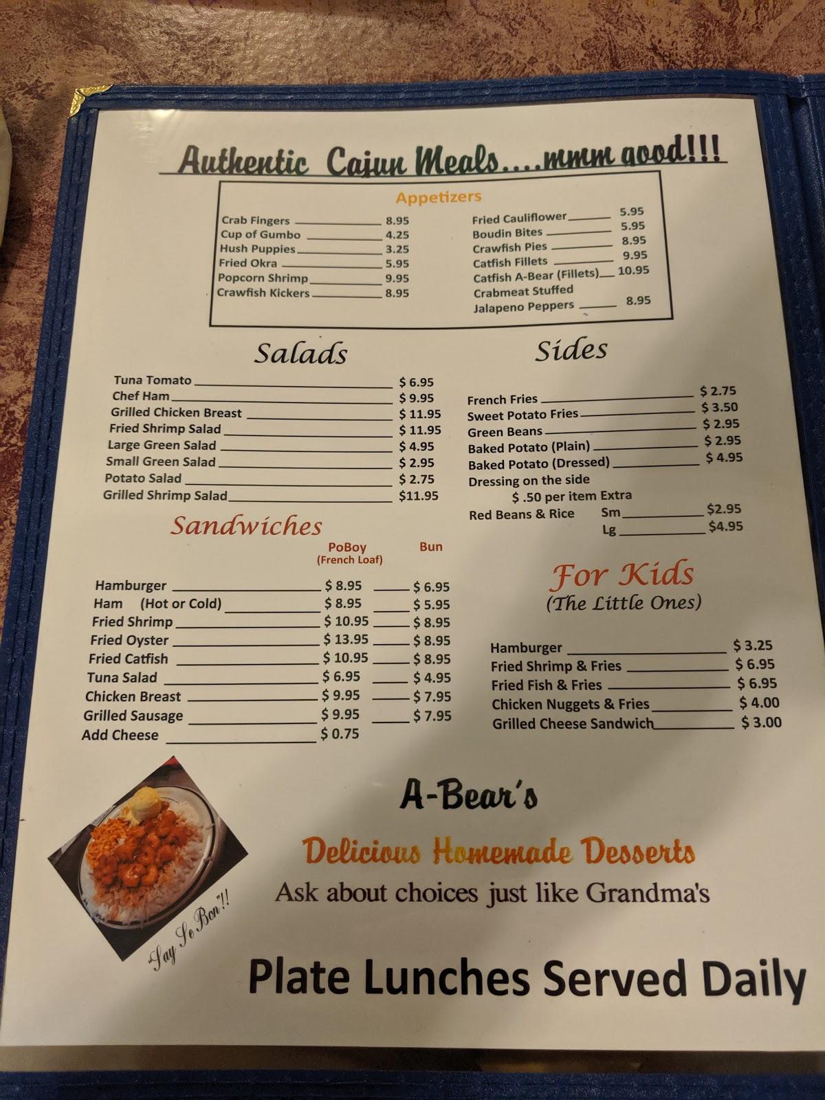 Menu at Abear's Cafe, Houma