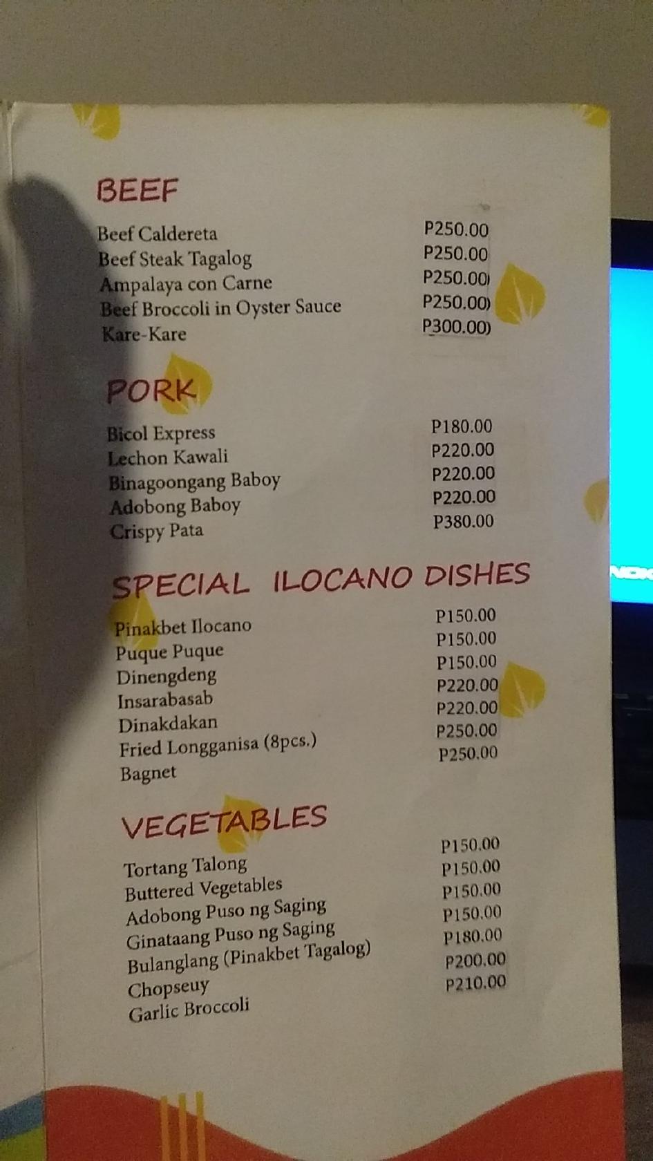 Menu at Cailian Grill restaurant, Laoag City