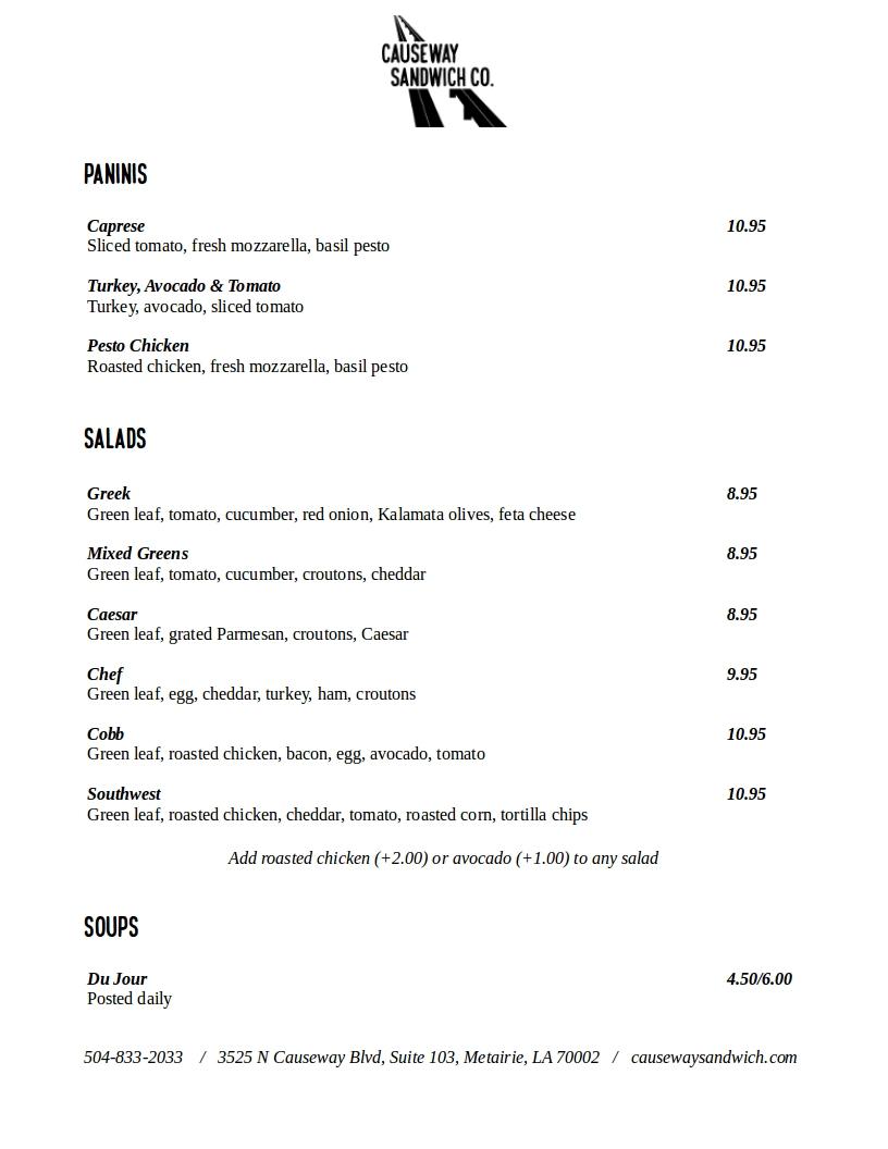 Menu at Causeway Cafe, Metairie