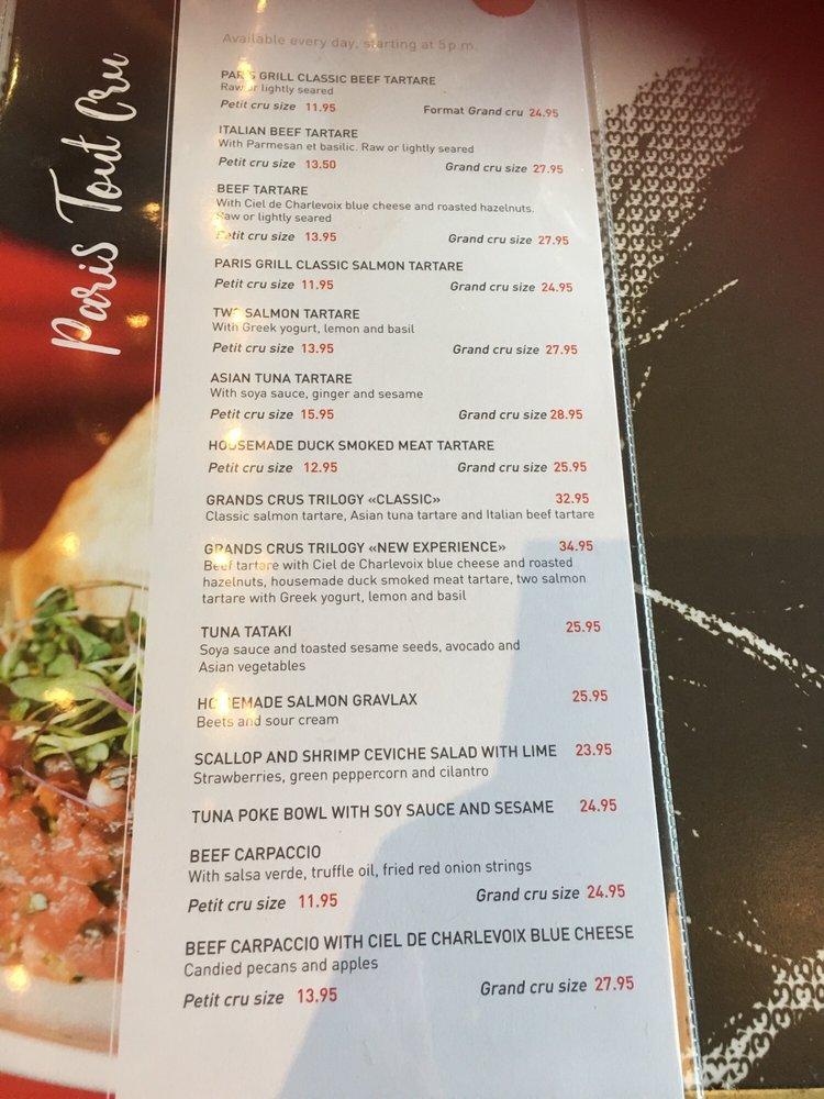Menu au Paris Grill restaurant à viande, Québec, Bd Laurier