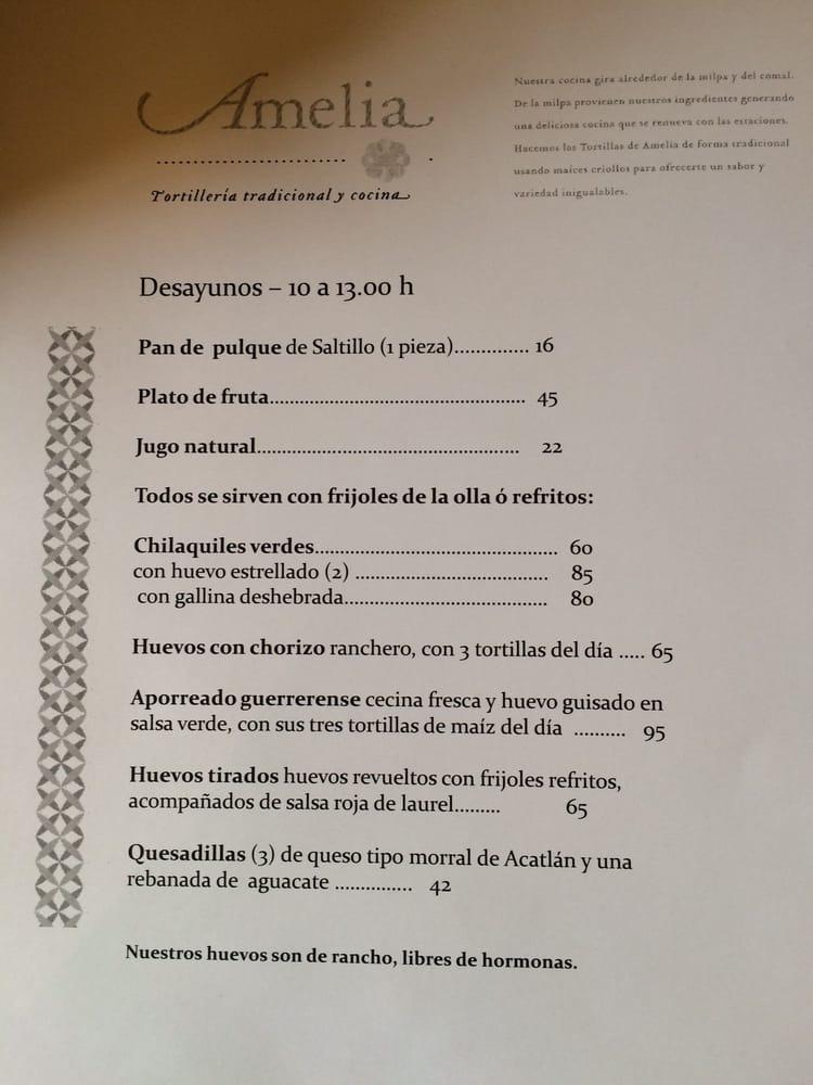 Menu at Amelia, Cocina y Tortilleria Tradicional restaurant, Mexico ...