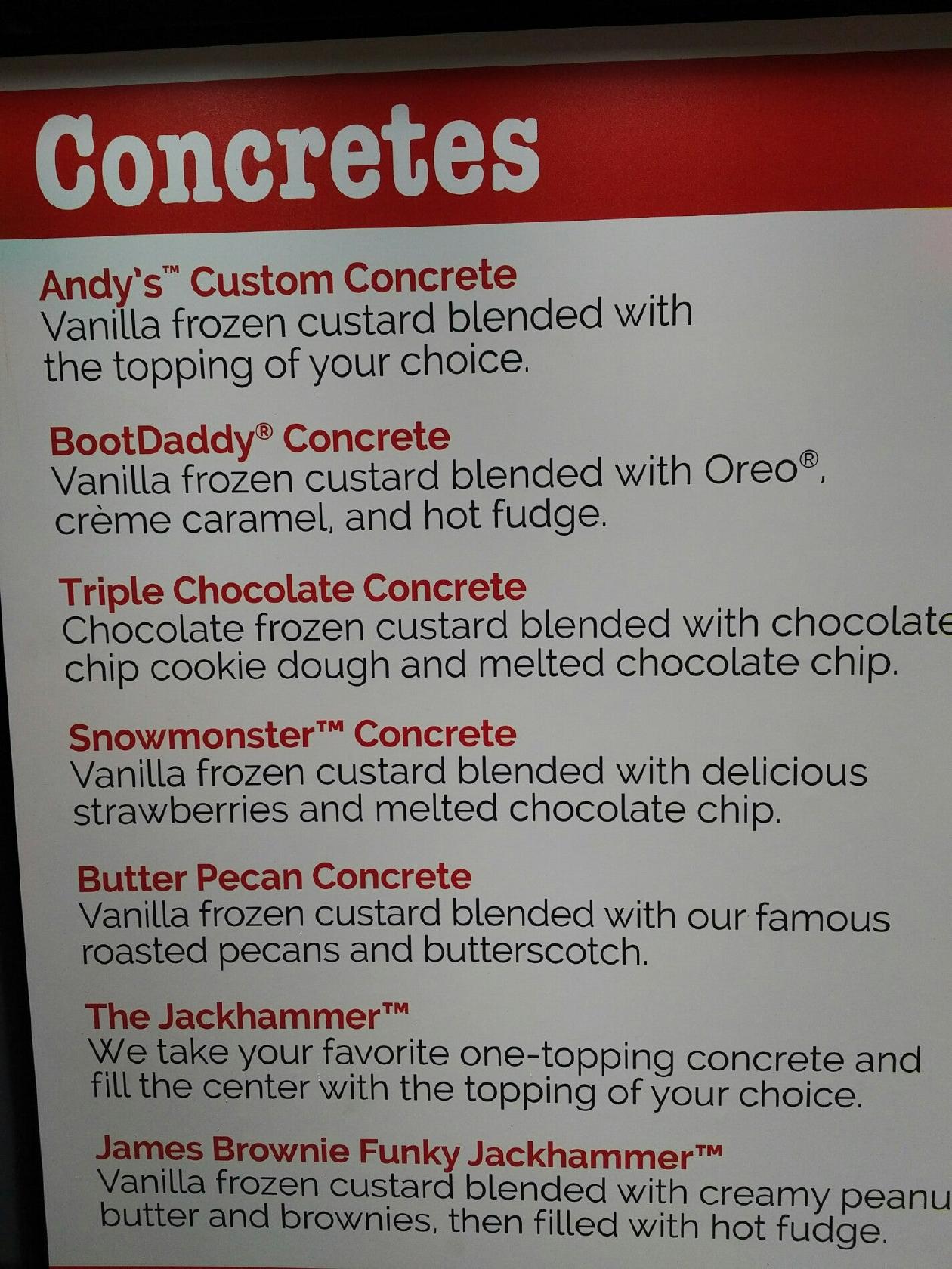 Menu at Andy's Frozen Custard desserts, Shawnee