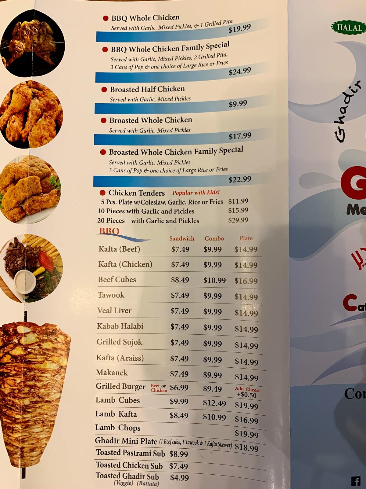 Carta de Ghadir Meat & Restaurant, Toronto, 1848 Lawrence Ave E