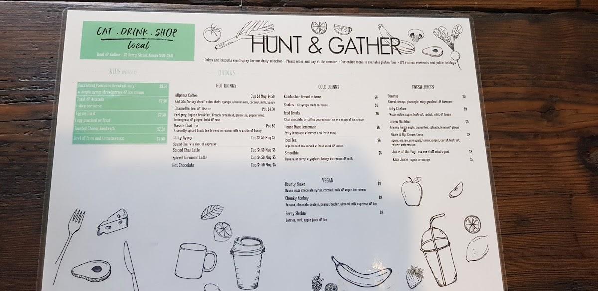 Menu at Hunt & Gather cafe, Nowra