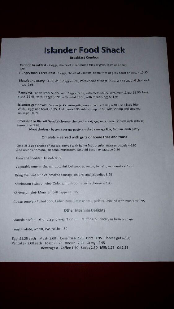 Menu at Islander Food Shack restaurant, Perdido Key