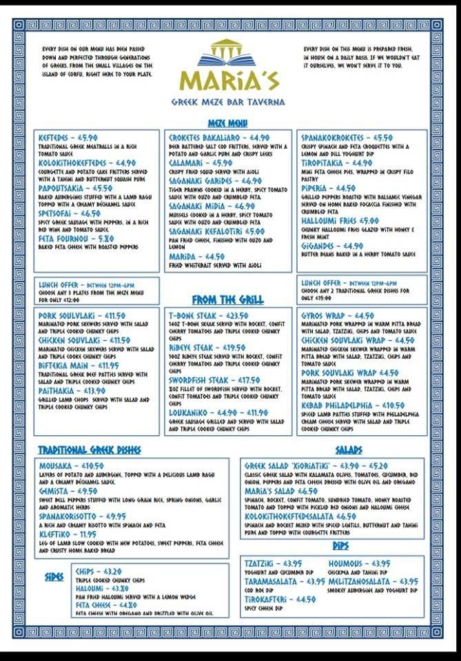 Menu at Maria's Greek Taverna restaurant, Cardiff