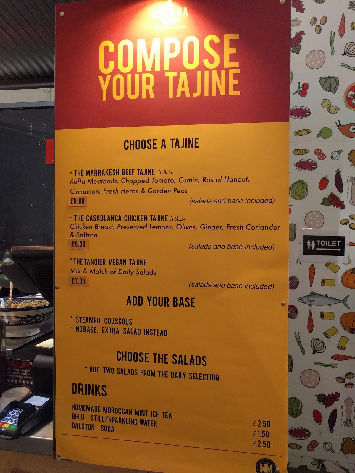 Menu at Moroccan Tajine restaurant, London