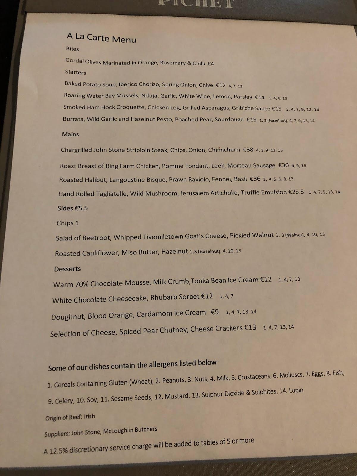 Menu at Pichet restaurant, Dublin