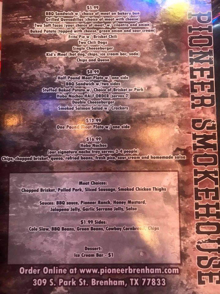 Menu at Pioneer Smokehouse restaurant, Brenham