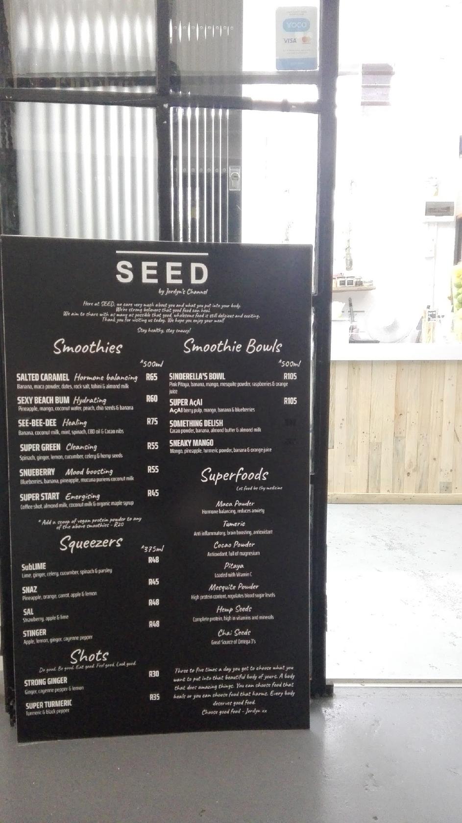 Menu at SEED health bar (Glen Ashley), Umhlanga