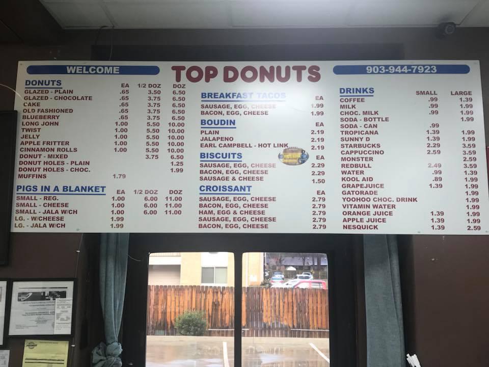 Menu at Top Donuts restaurant, Tyler, S Broadway Ave #400