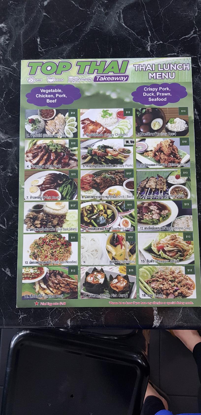 Menu at Top Thai Takeaway restaurant, Labrador