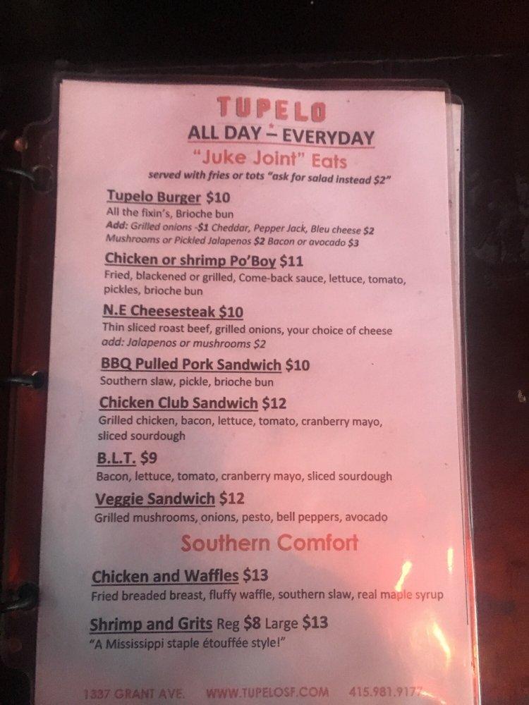 Menu at Tupelo pub & bar, San Francisco