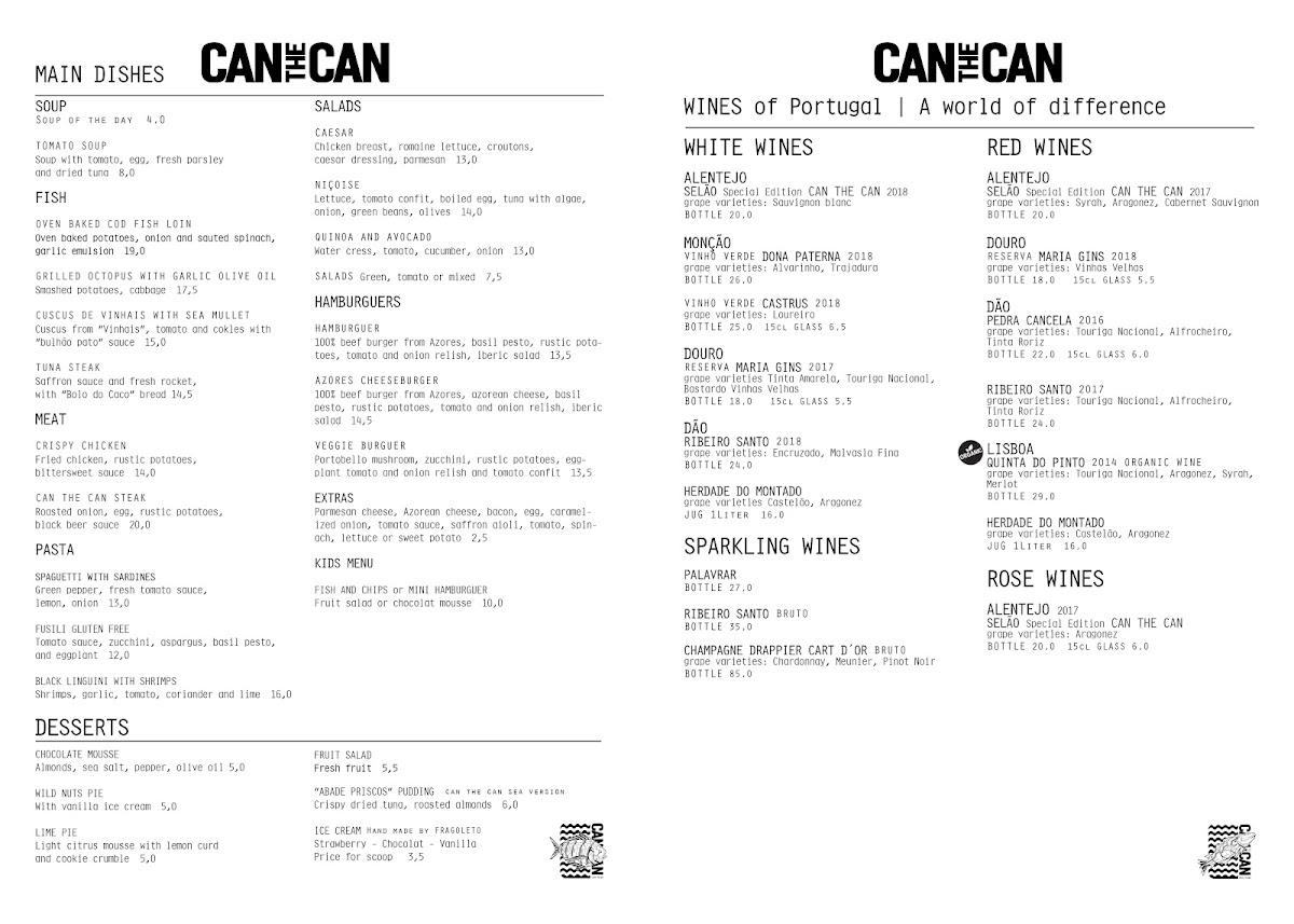 Menu at Can the Can Lisboa restaurant, Lisbon, Praça do Comércio 82 83