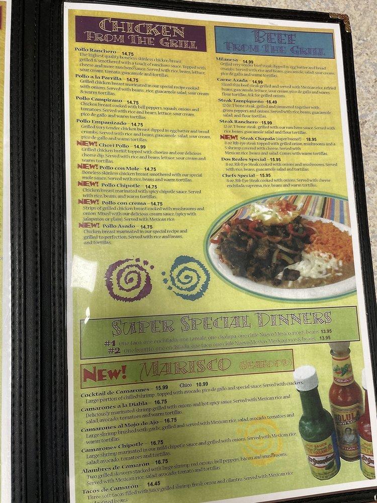 Menu at Dos Reales Mexican Restaurant, Champaign