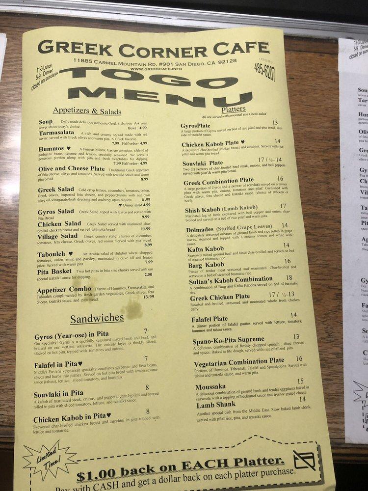 Carta de Greek Corner Cafe, San Diego, Carmel Mountain Rd #901
