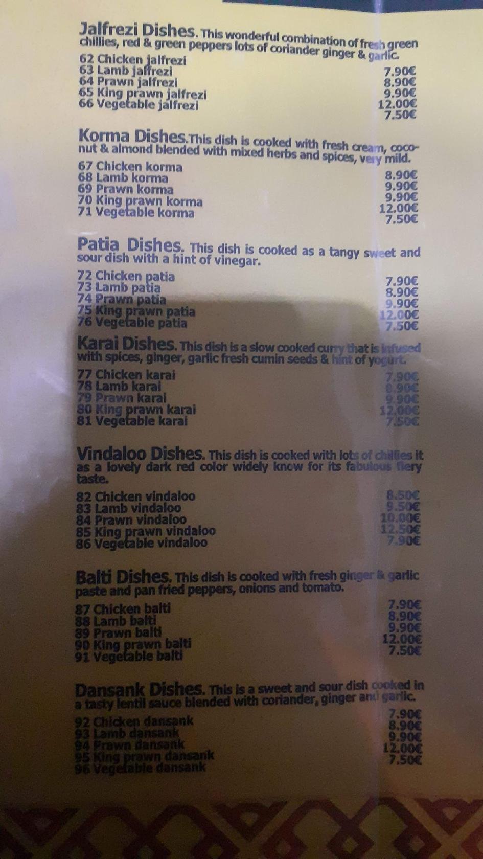 Menu at Mister Singh's restaurant, Quesada